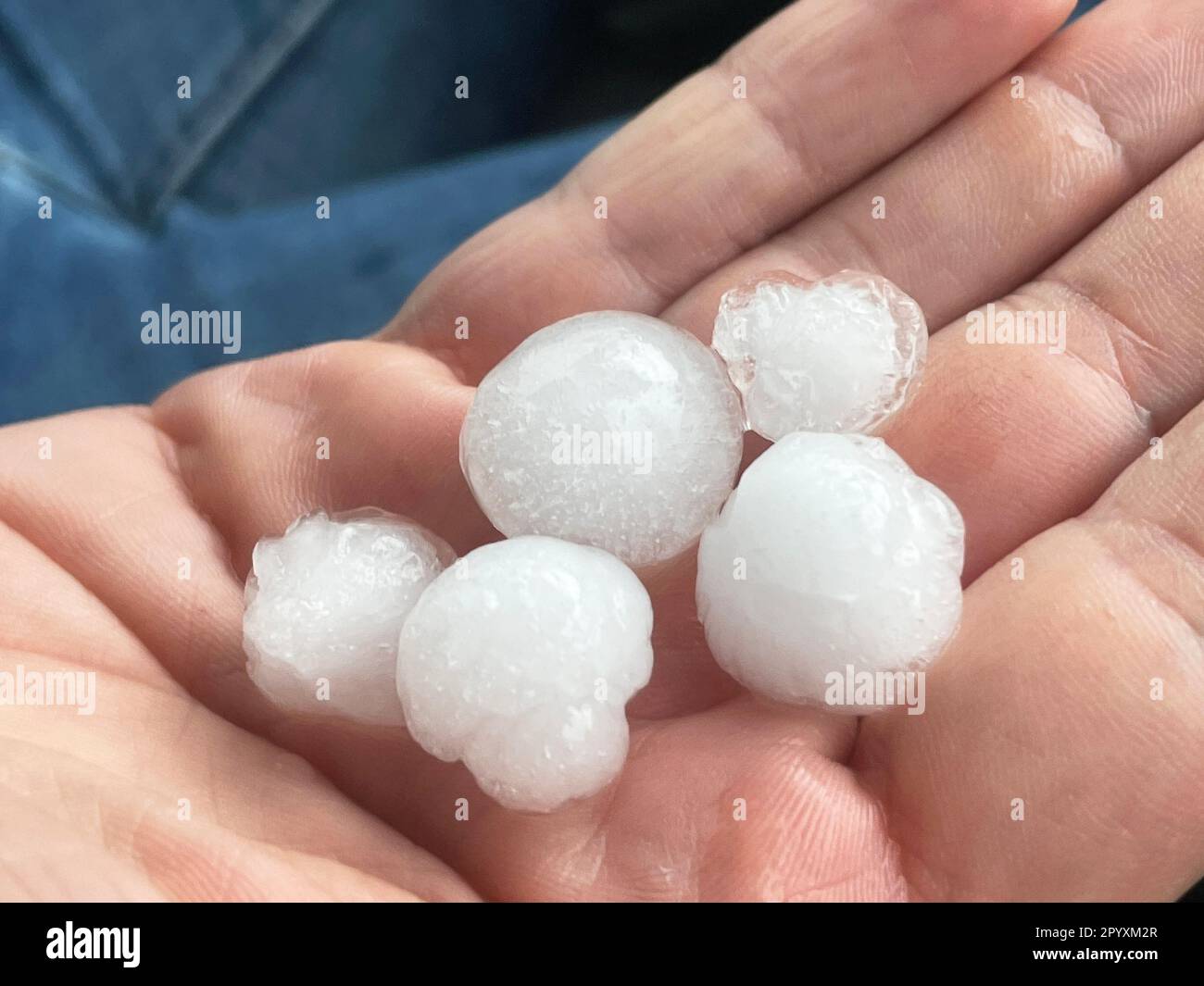 Teningen, Germany. 05th May, 2023. Hailstones lie in a hand after a ... Teningen, Germany. 05th May, 2023. Hailstones lie in a hand after a ...