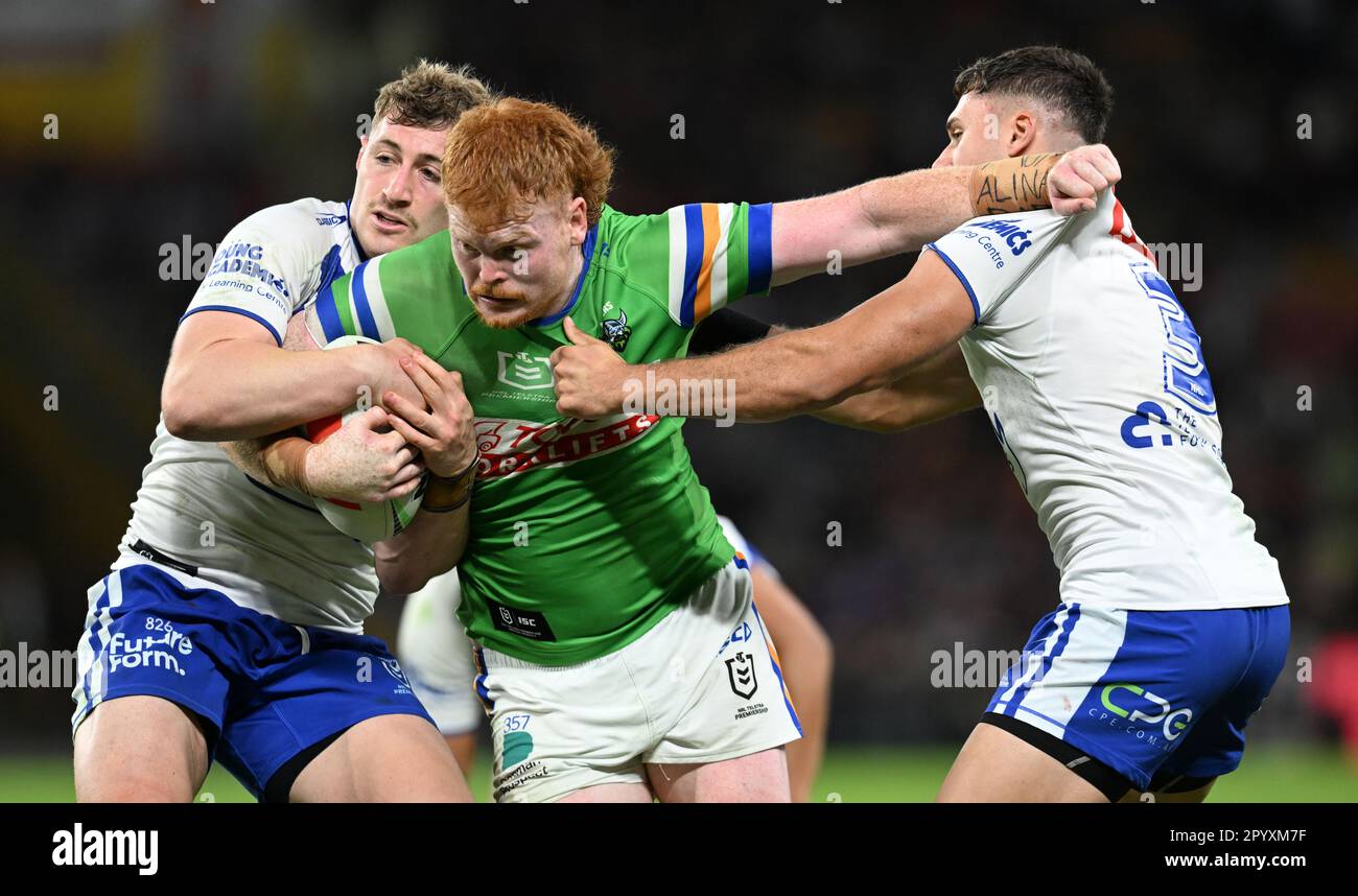 Corey Horsburgh (centre) of the Raiders in action during the NRL Round ...