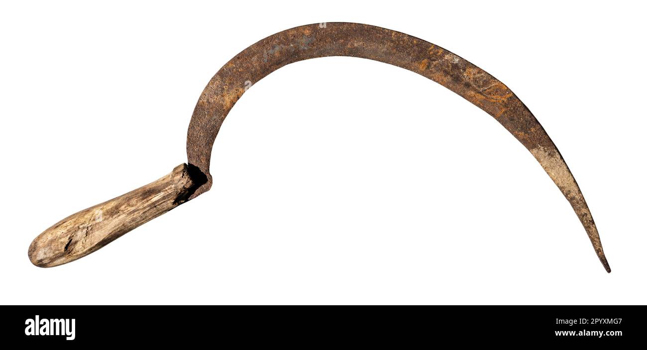ancient rusty forged iron sickle with wooden handle isolated on white ...