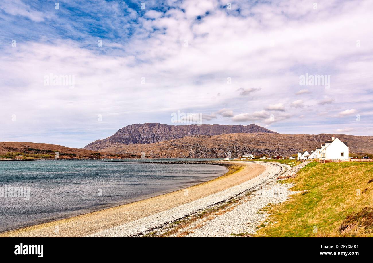 Ardmair Wester Ross Scotland sweep of the pebble beach Ben Mor Coigach ...