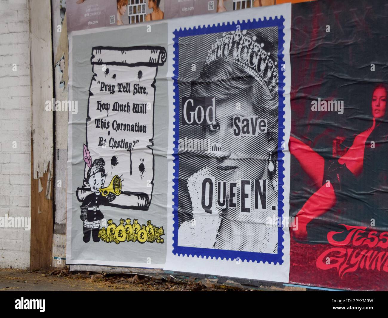 London, England, UK. 5th May, 2023. Anti-monarchy posters appear on a ...