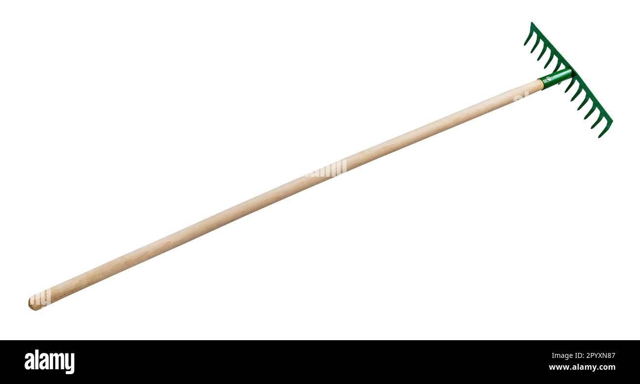 side view of steel rake with tines downwards with wooden handle ...