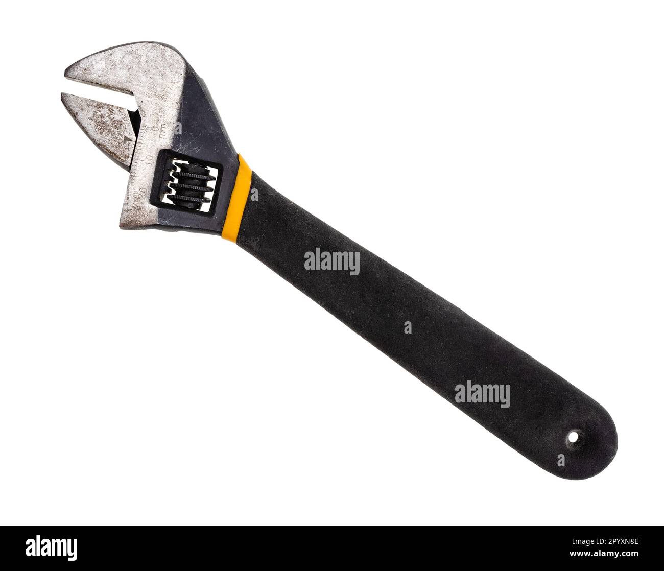 adjustable wrench with black rubber handle isolated on white background ...