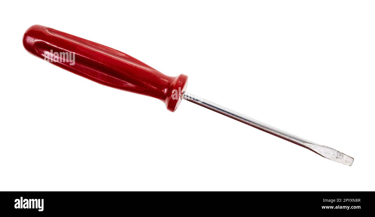 old slotted screwdriver with red plastic handle isolated on white ...