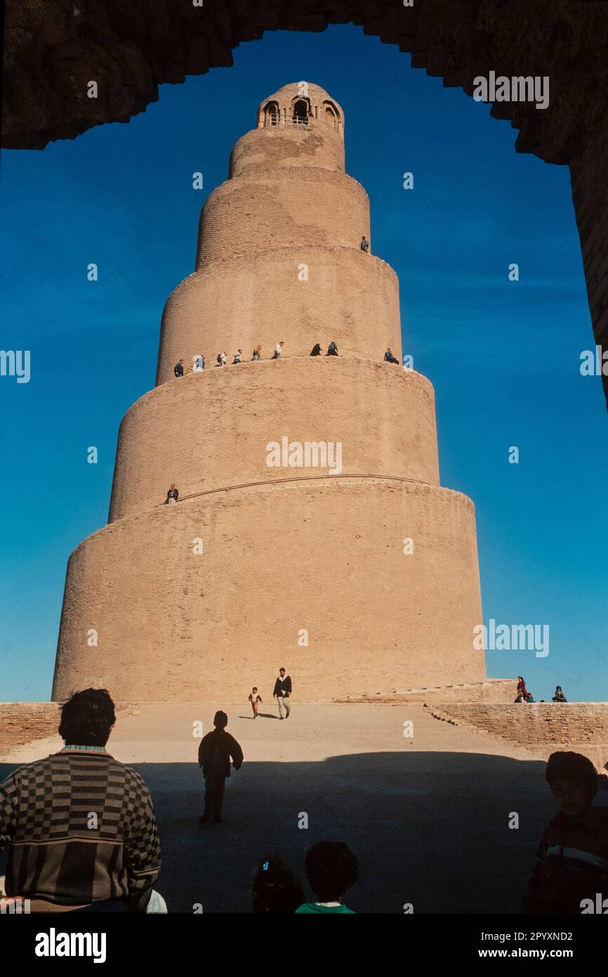 The spiral minaret of samara. The Malwiya Tower, is a spiralling cone ...