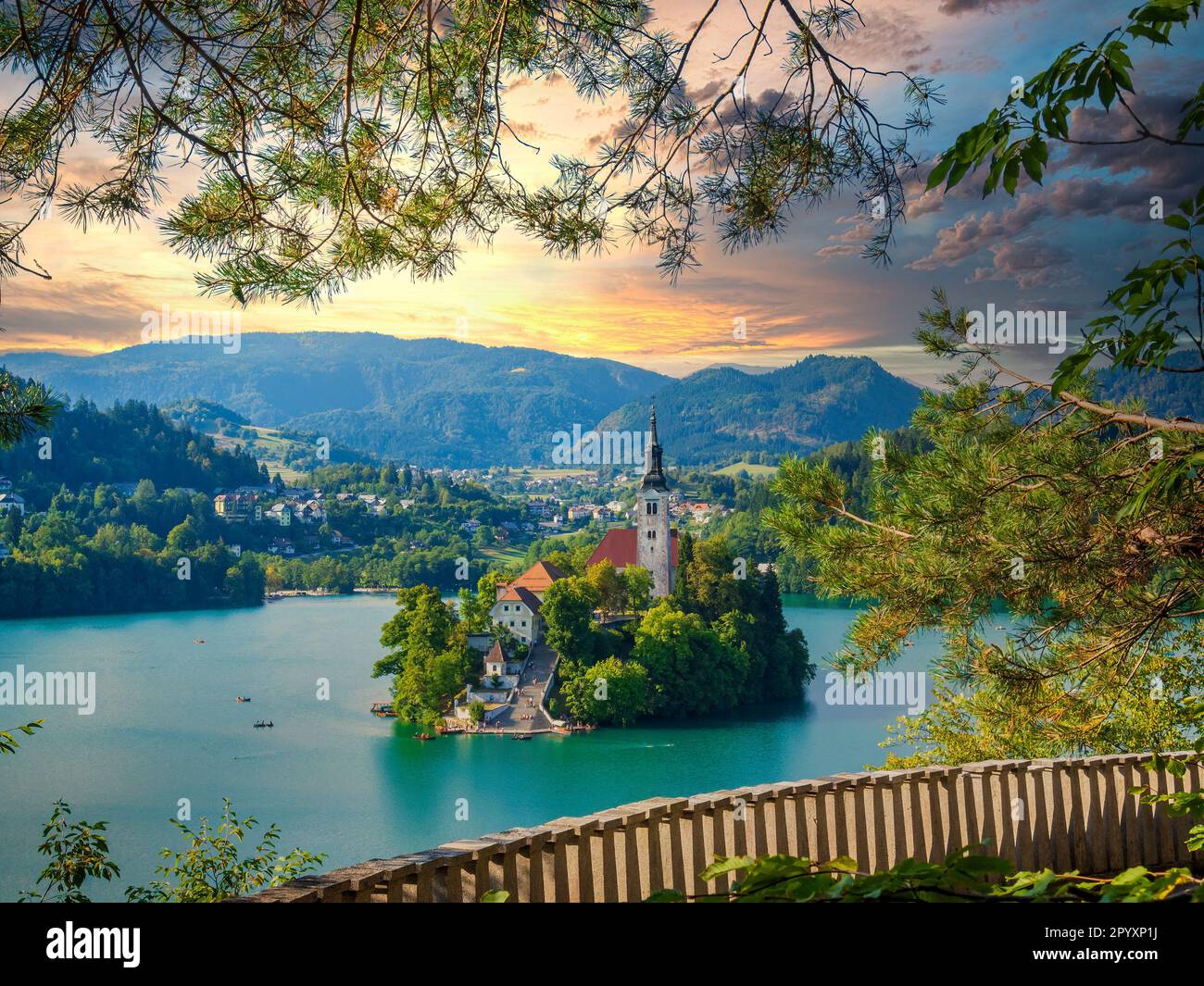 Amazing view of the Bled lake from the balcony. Slovenia famous ...