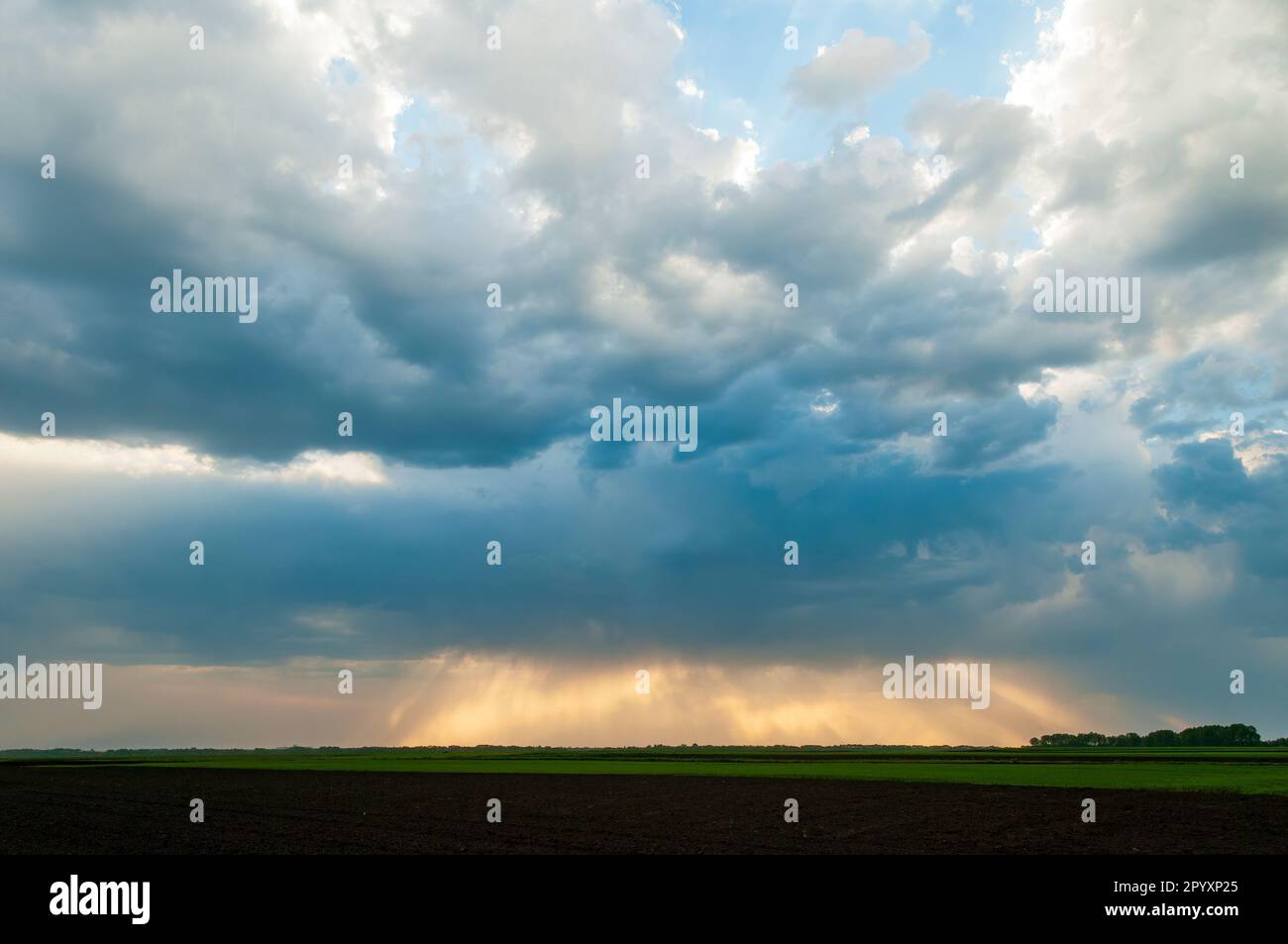 Cloudy stormy sky with sun rays shining from the clouds. Cloudy sky ...