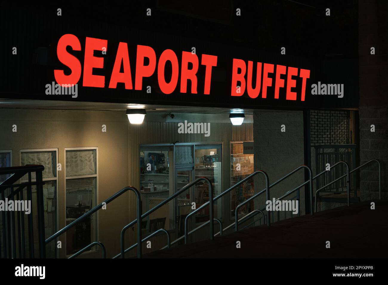 Seaport Buffet sign at night, Brooklyn, New York Stock Photo - Alamy