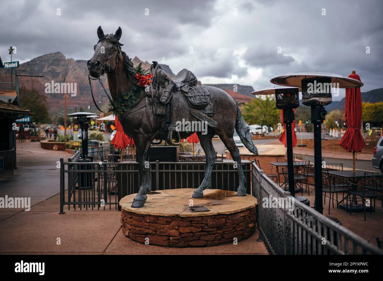 The cowboy Horse Statue in Old Town Sedona, Arizona on a cloudy day ...