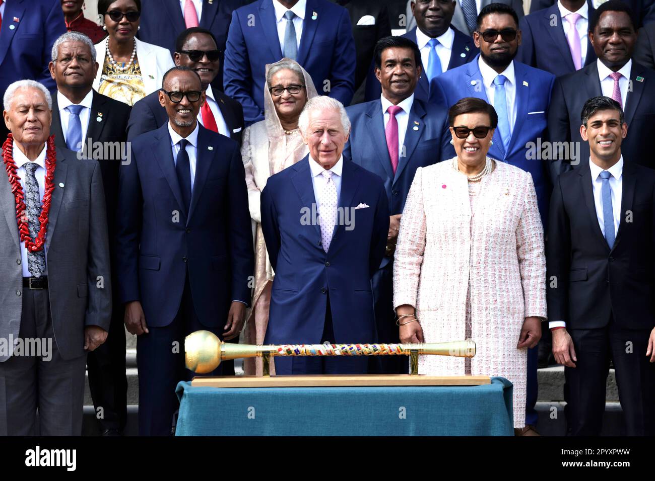 Britain's King Charles III, center, is flanked by, front row from left ...