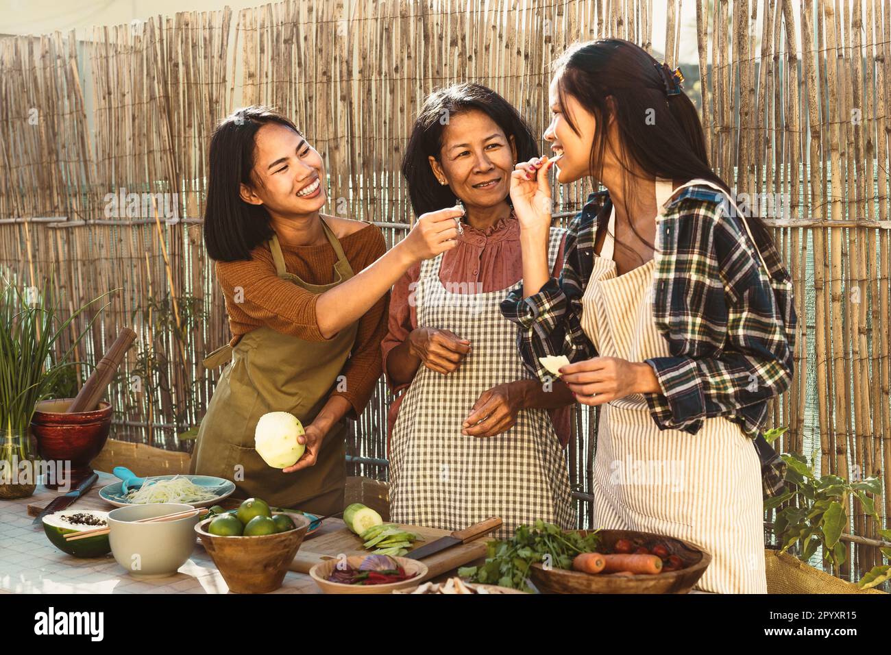 Happy Southeast Asian family having fun preparing Thai food recipe ...