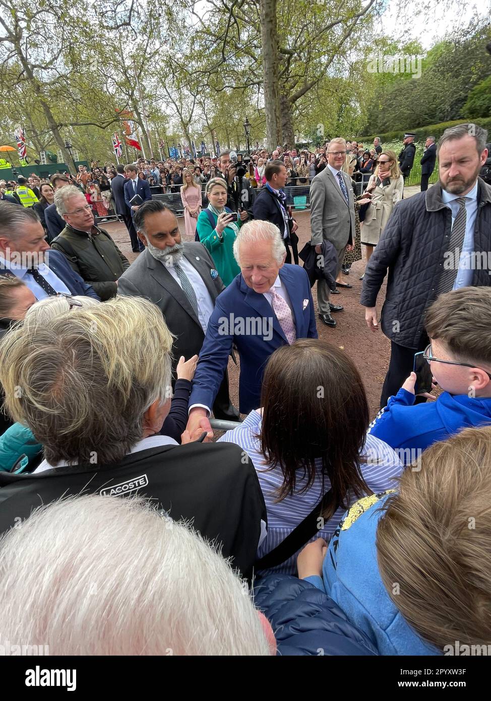 London, England, UK. 5th May, 2023. KING CHARLES greets crowds on The ...