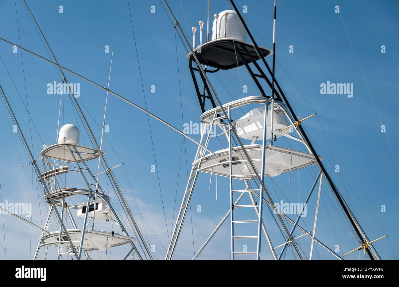 Tuna Towers of two sport fishing yachts moored next to each other in a ...