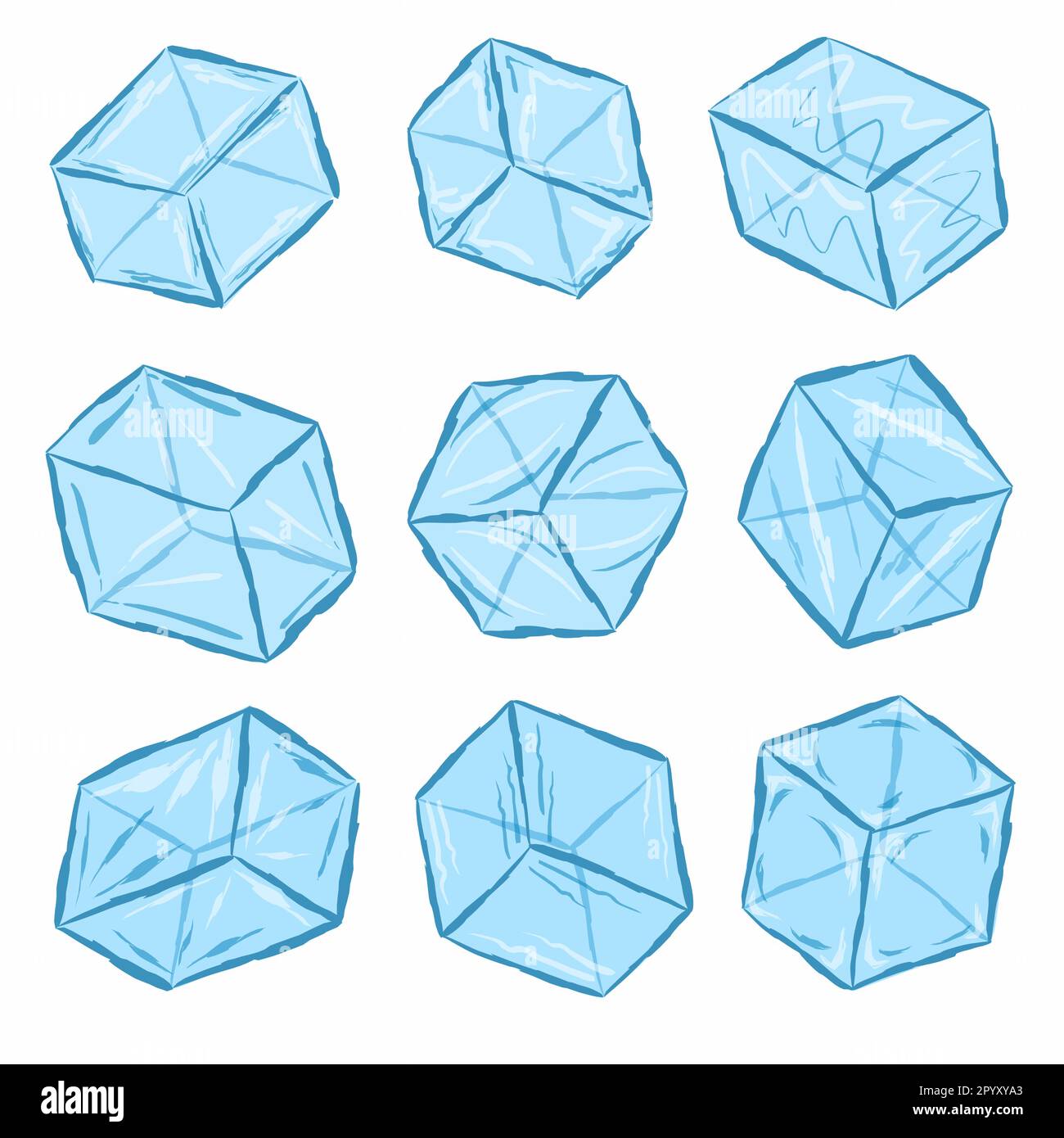 Ice cubes set vector illustration. Cartoon isolated transparent frozen water from freeze, blue ...