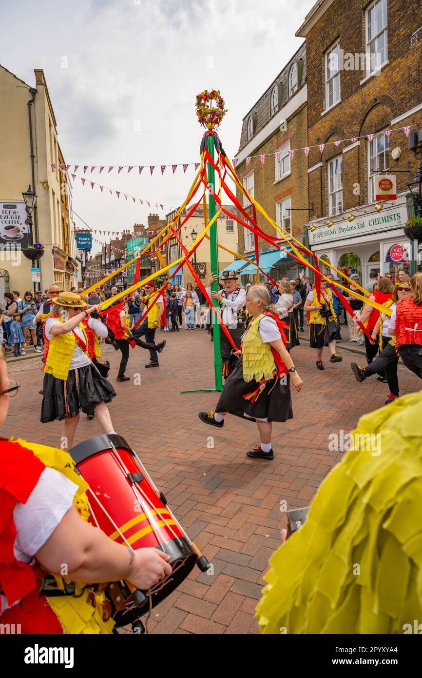 May pole dancers in Rochester High street during the 2023 Sweeps ...