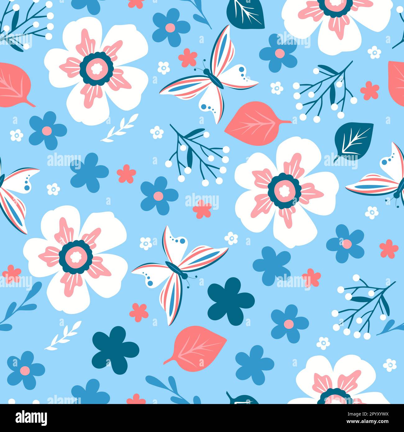 Seamless spring pattern with different cute flowers, leaves and ...
