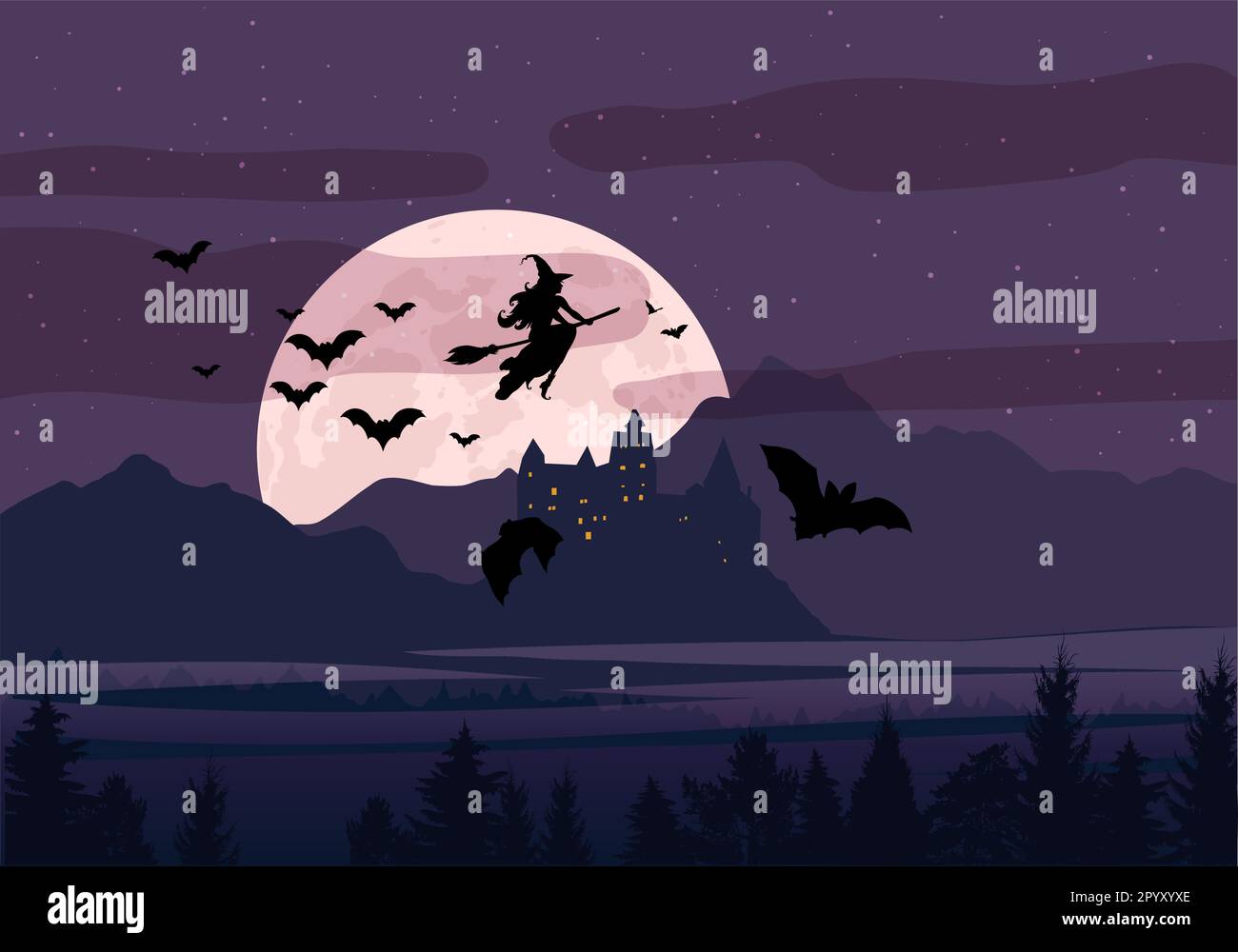 Halloween banner, Flying witch ,draculas castle Stock Vector Image ...