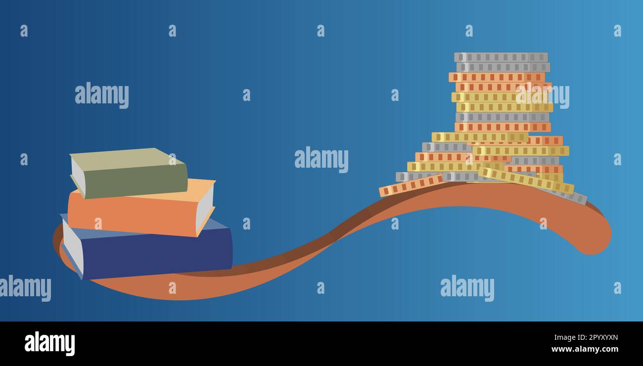 Stack of books and a pile of coins on a scale, value of education ...