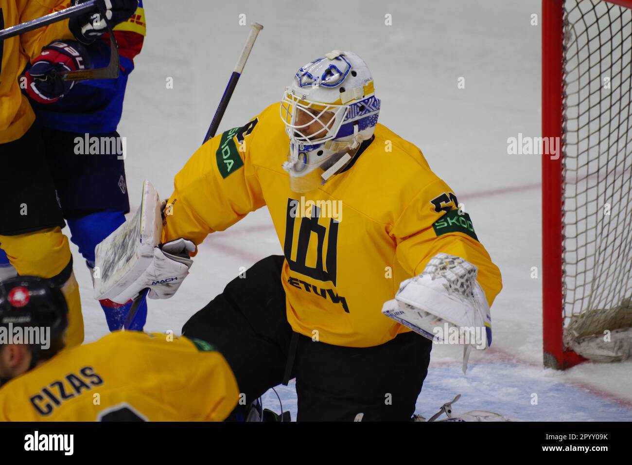 Nottingham, 5 May 2023. Mantas Armalis playing in goal for Lithuania ...