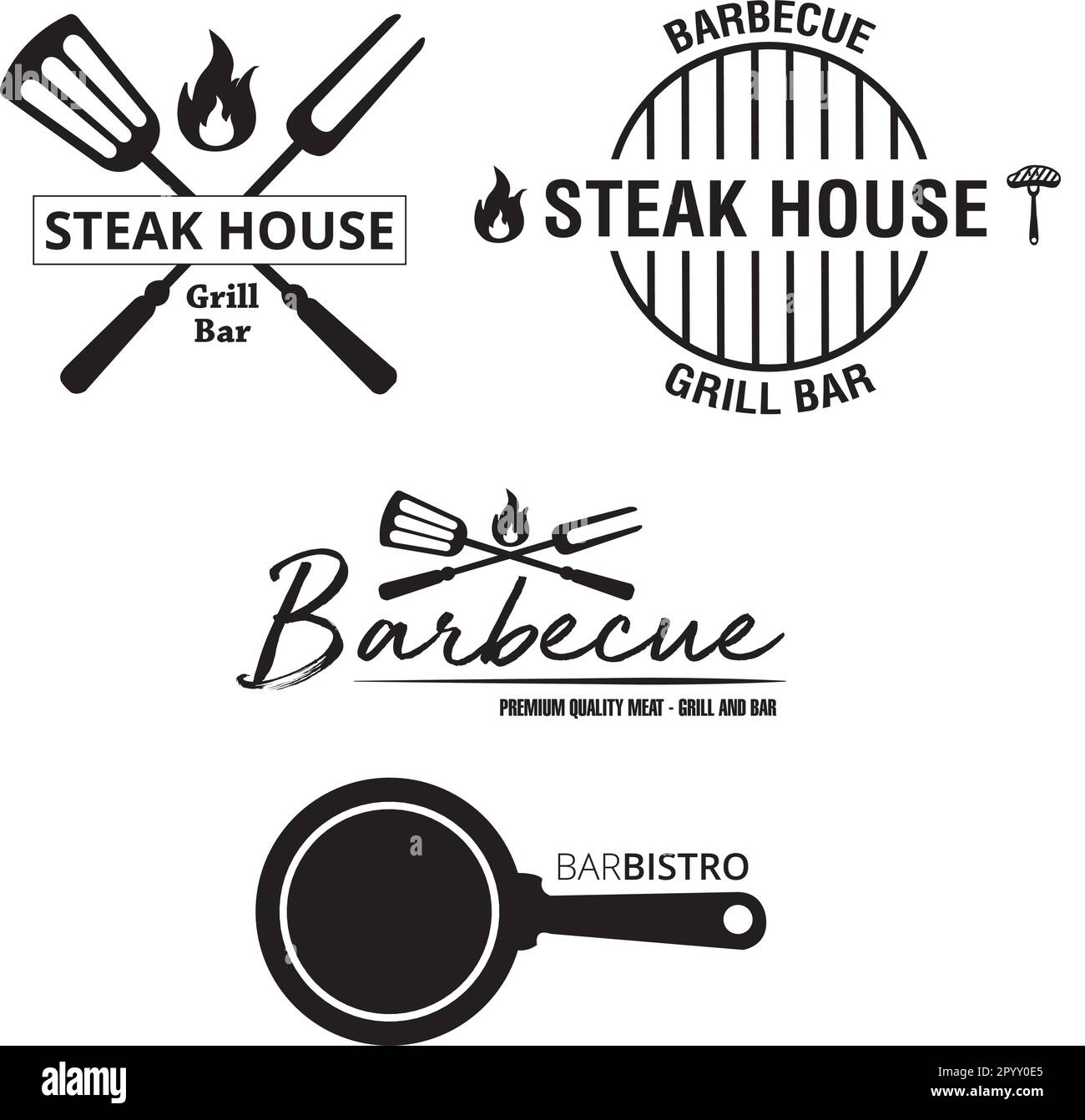 Steakhouse and barbecue shop design labels in black on a white ...