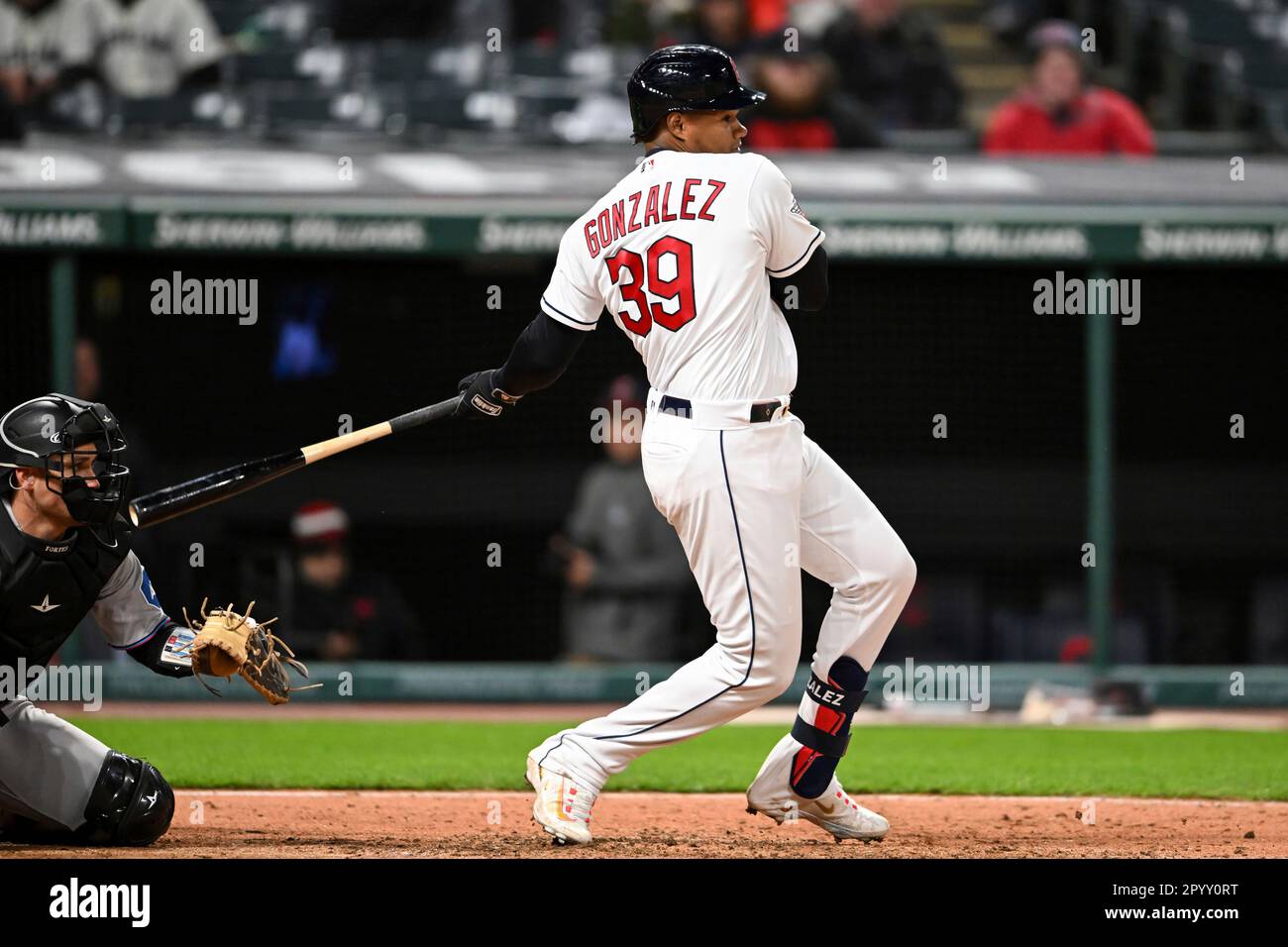 Cleveland Guardians' Oscar Gonzalez bats during the eighth inning in ...