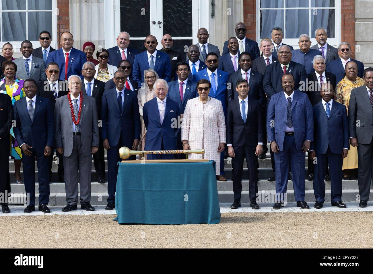 King Charles III (centre) poses with commonwealth leaders attending his coronation, during a ...