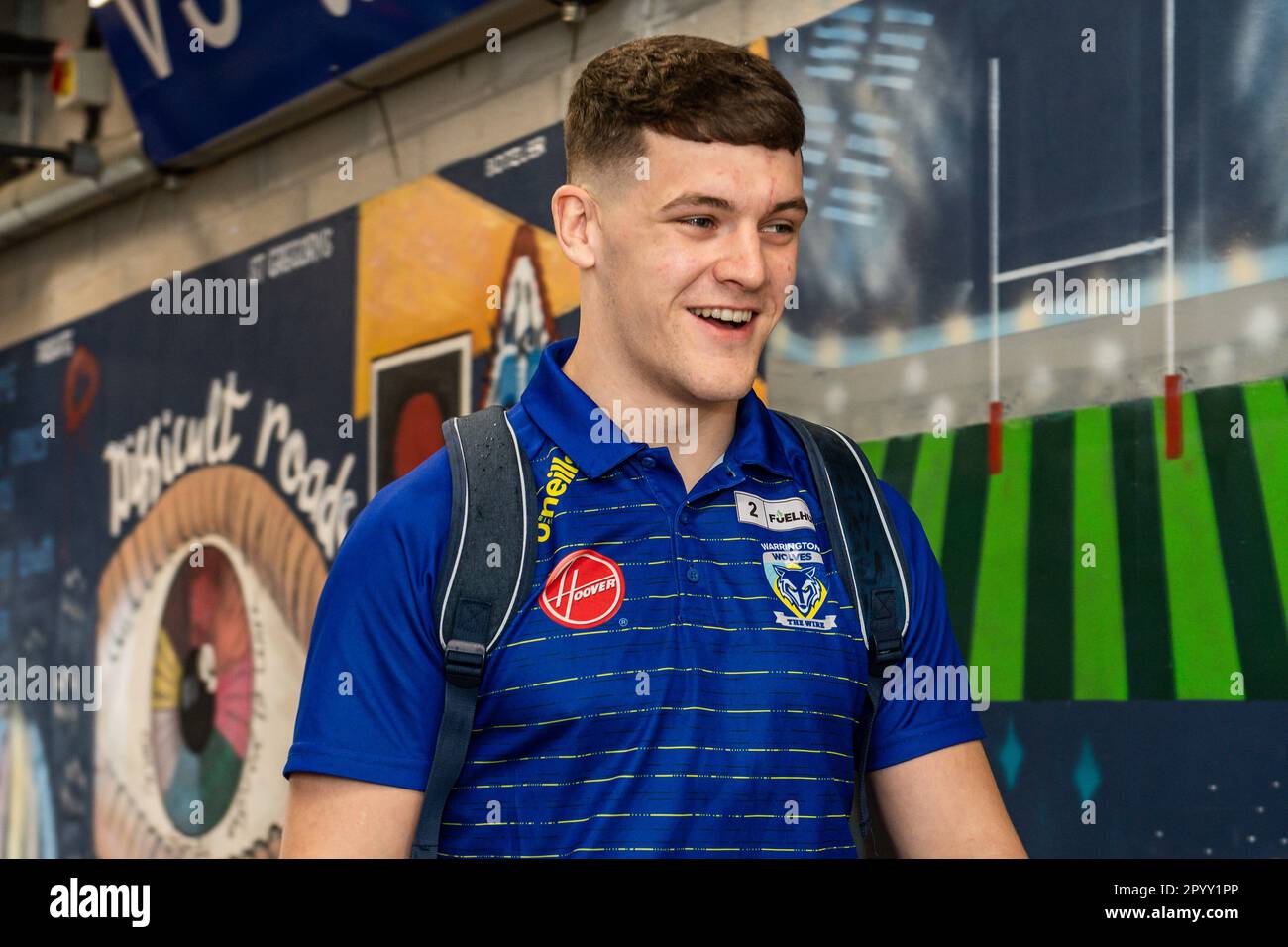 Josh Thewlis #2 of Warrington Wolves arrives ahead of the Betfred Super ...