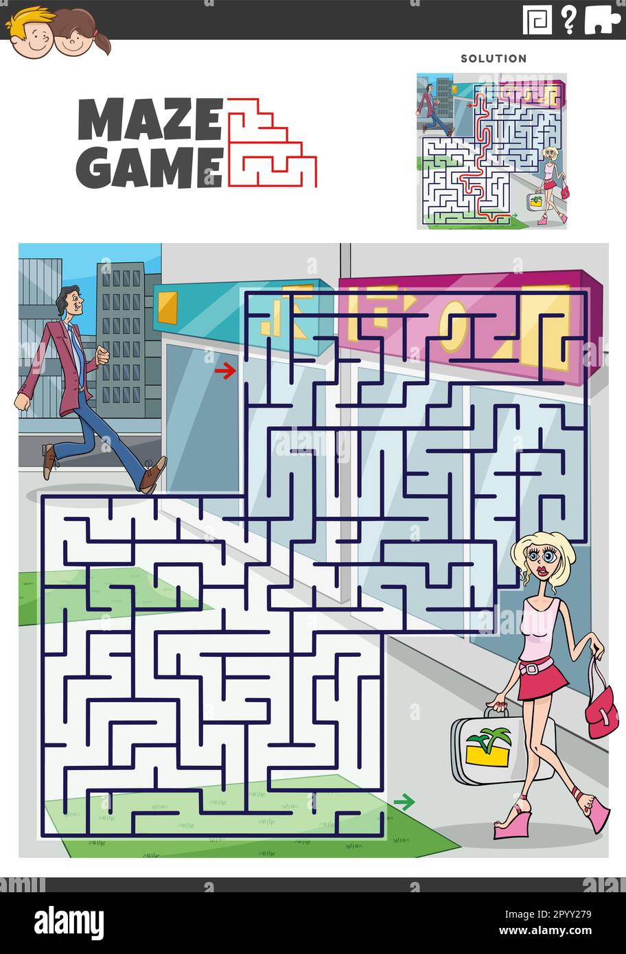 Cartoon illustration of educational maze puzzle activity for children ...