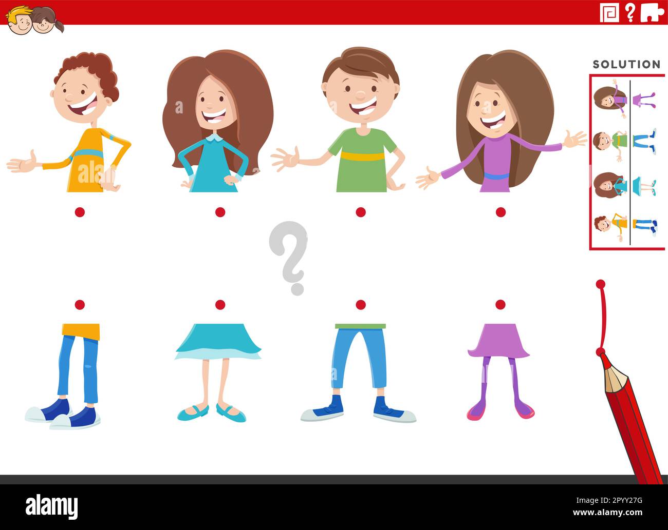 Cartoon illustration of educational game of matching halves of pictures ...