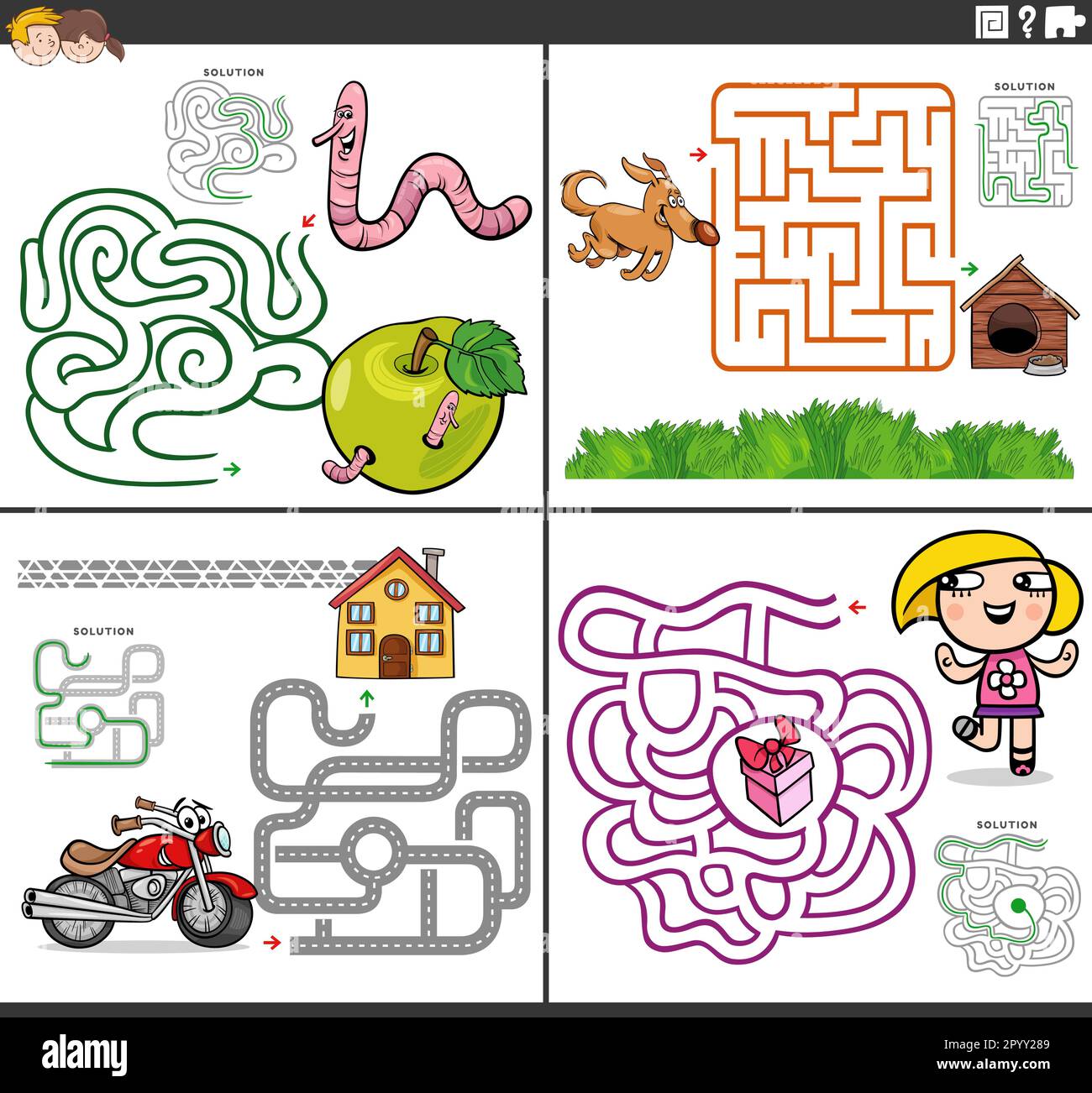 Cartoon illustration of educational maze puzzle games set with comic ...