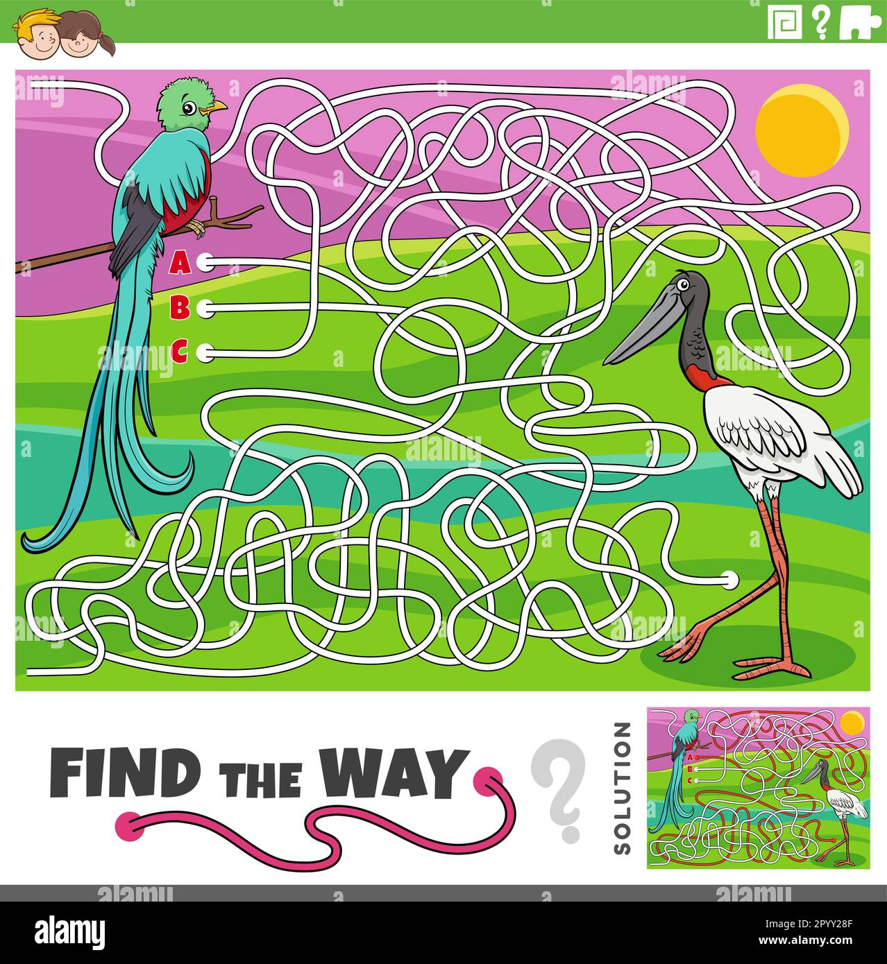 Cartoon illustration of find the way maze puzzle game with funny birds ...