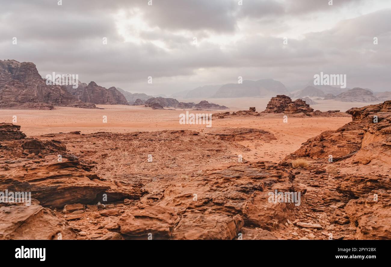 Red orange Mars like landscape in Jordan Wadi Rum desert, mountains ...