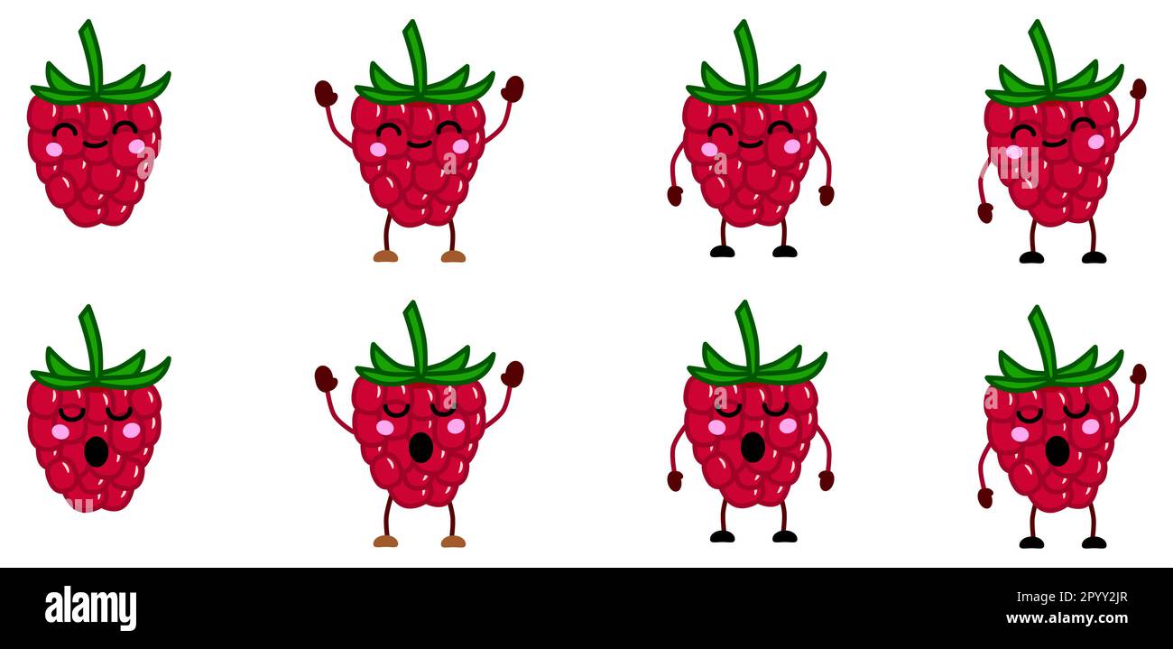 Cute kawaii style raspberry fruit icon. Version with hands raised, down ...