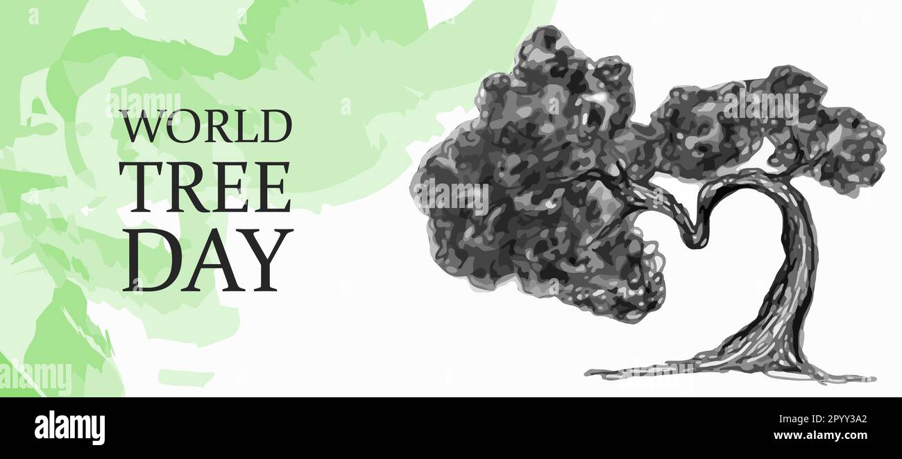 Congratulatory banner for WORLD Tree Day. Tree planting day. Pencil ...