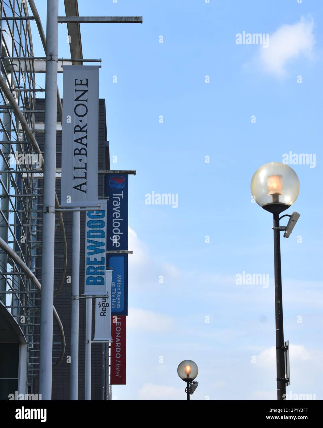 Sign for bars and hotels at The Hub in Central Milton Keynes, with copy ...