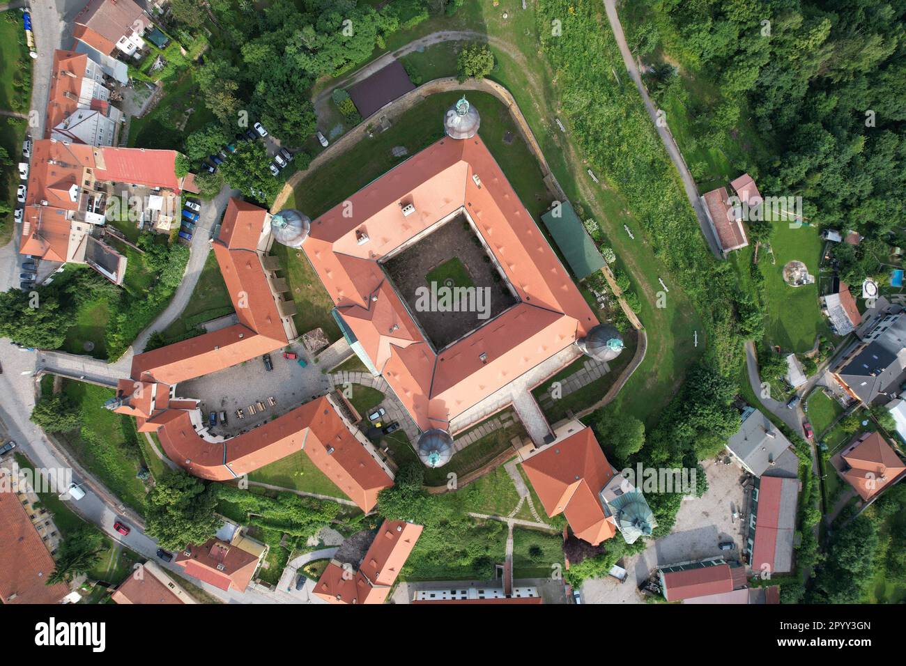 An Aerial view of a historical old castle Kostelec nad Cernymi lesy ...