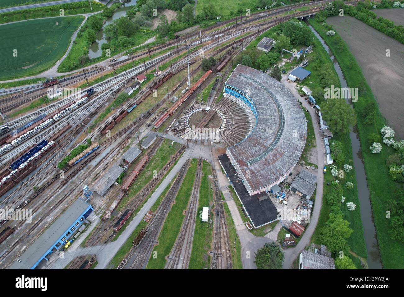 An Aerial view of a railway yard, including tracks and industrial ...