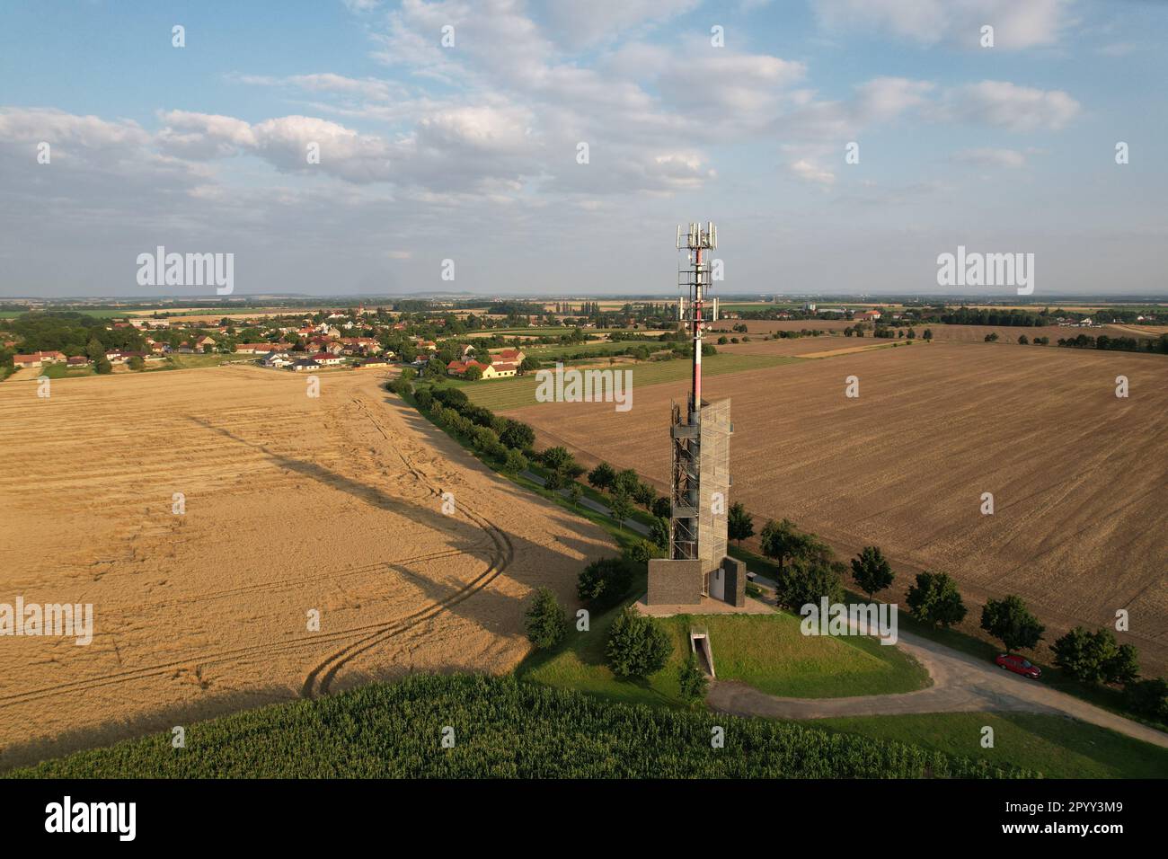 An aerial view of a lookout tower at Romanka in the middle of multiple ...