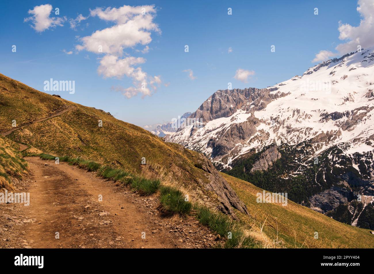 mountain landscape along the Viel del Pan trail, Canazei, Val di Fassa ...