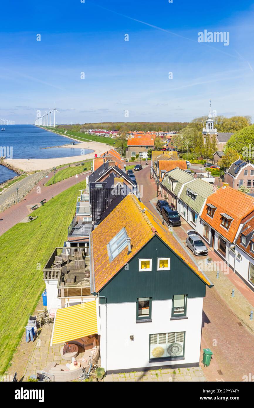 Aerial view over historic village Urk and the Ijsselmeer lake Urk ...