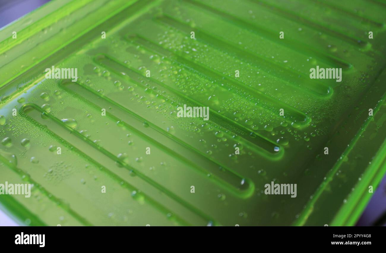 Pattern Of condensation drops and water bulbs on a green plastic close ...