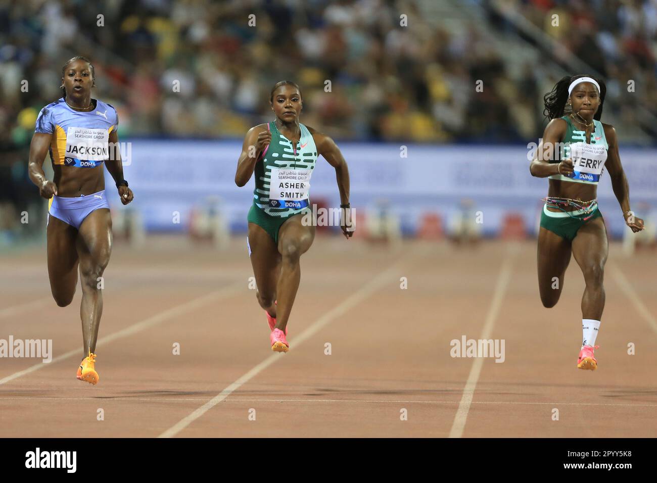 From left, Jamaica's Shericka Jackson, Great Britain's Dina Asher-Smith ...
