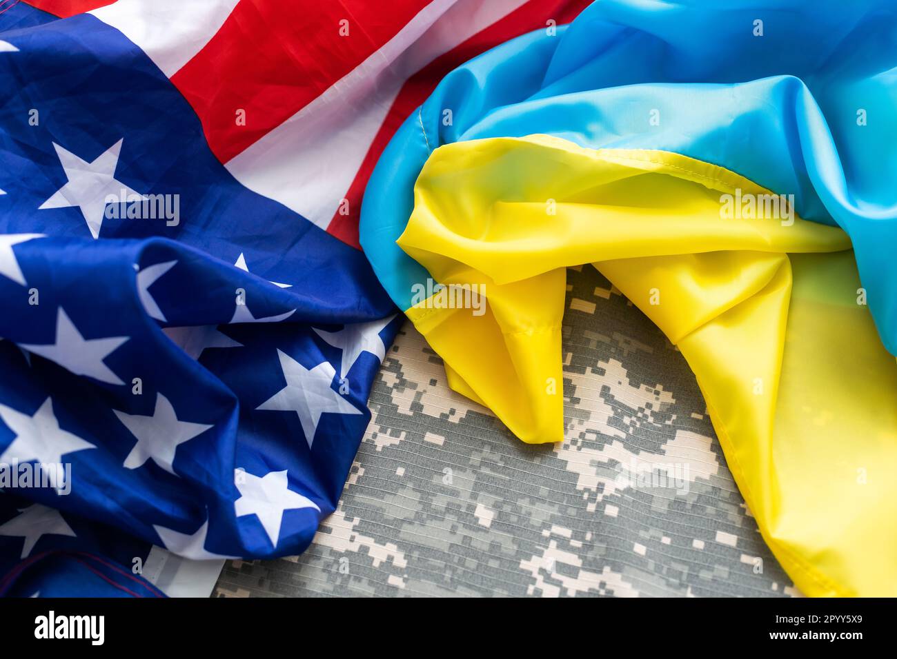 US flag together with Ukrainian flag in a single picture, flags ...