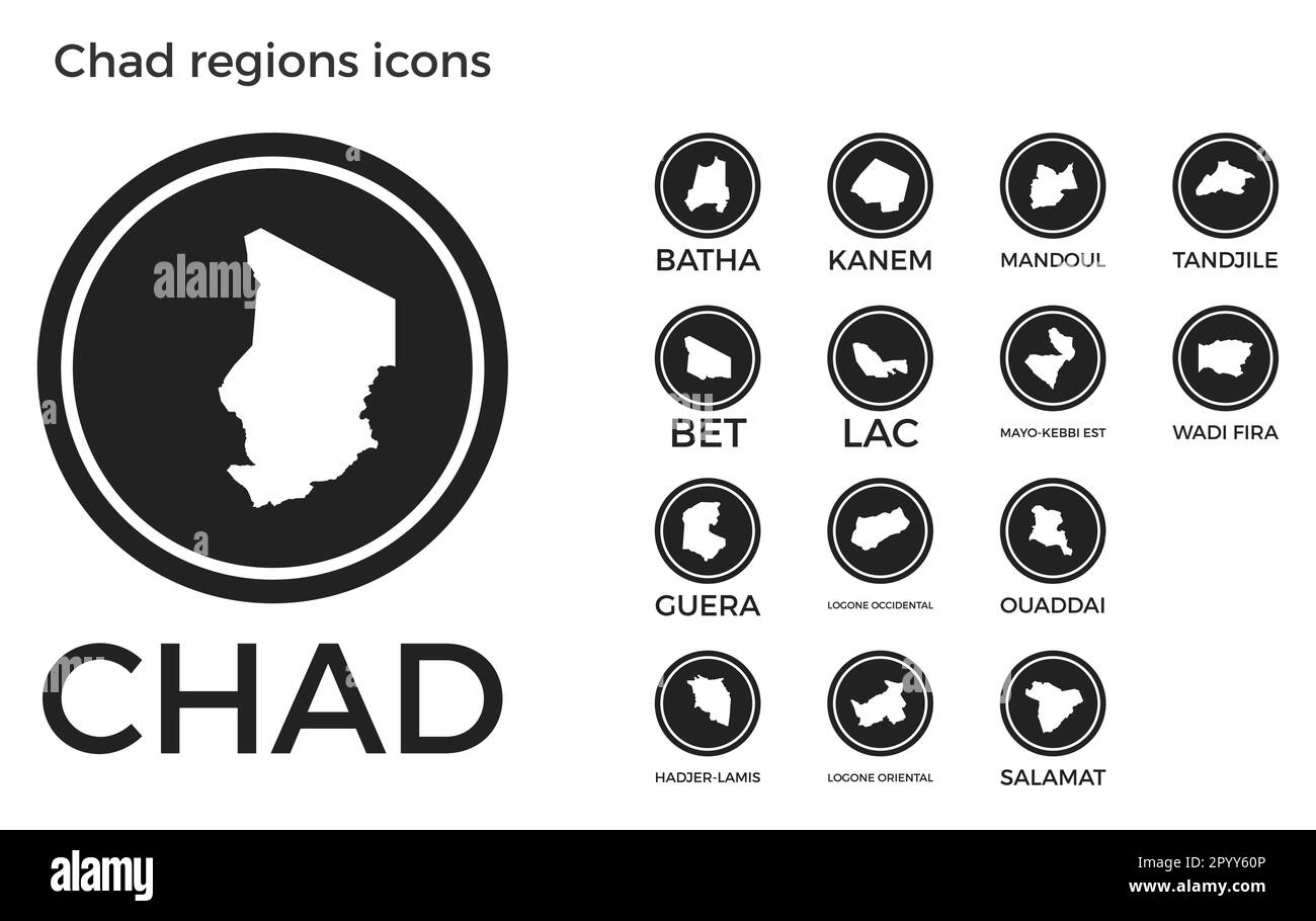 Chad regions icons. Black round logos with country regions maps and ...