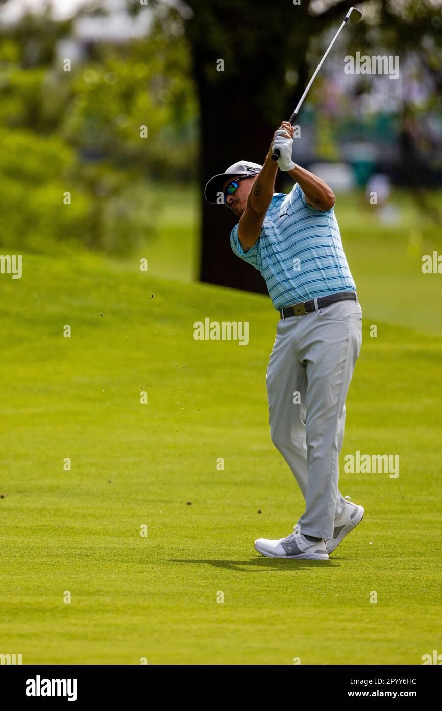 May 5, 2023: Rickie Fowler takes his second shot from the fairway on three during the second ...