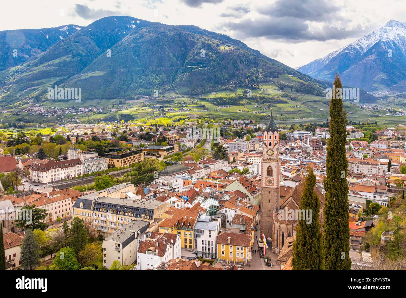 View over cityscape with Cathedral Saint Nikolaus of Merano, South ...