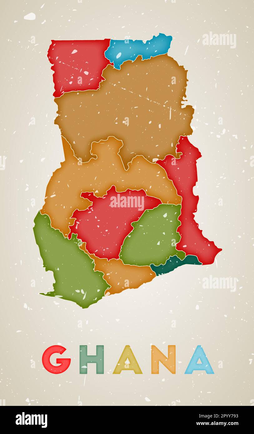 Ghana map. Country poster with colored regions. Old grunge texture ...