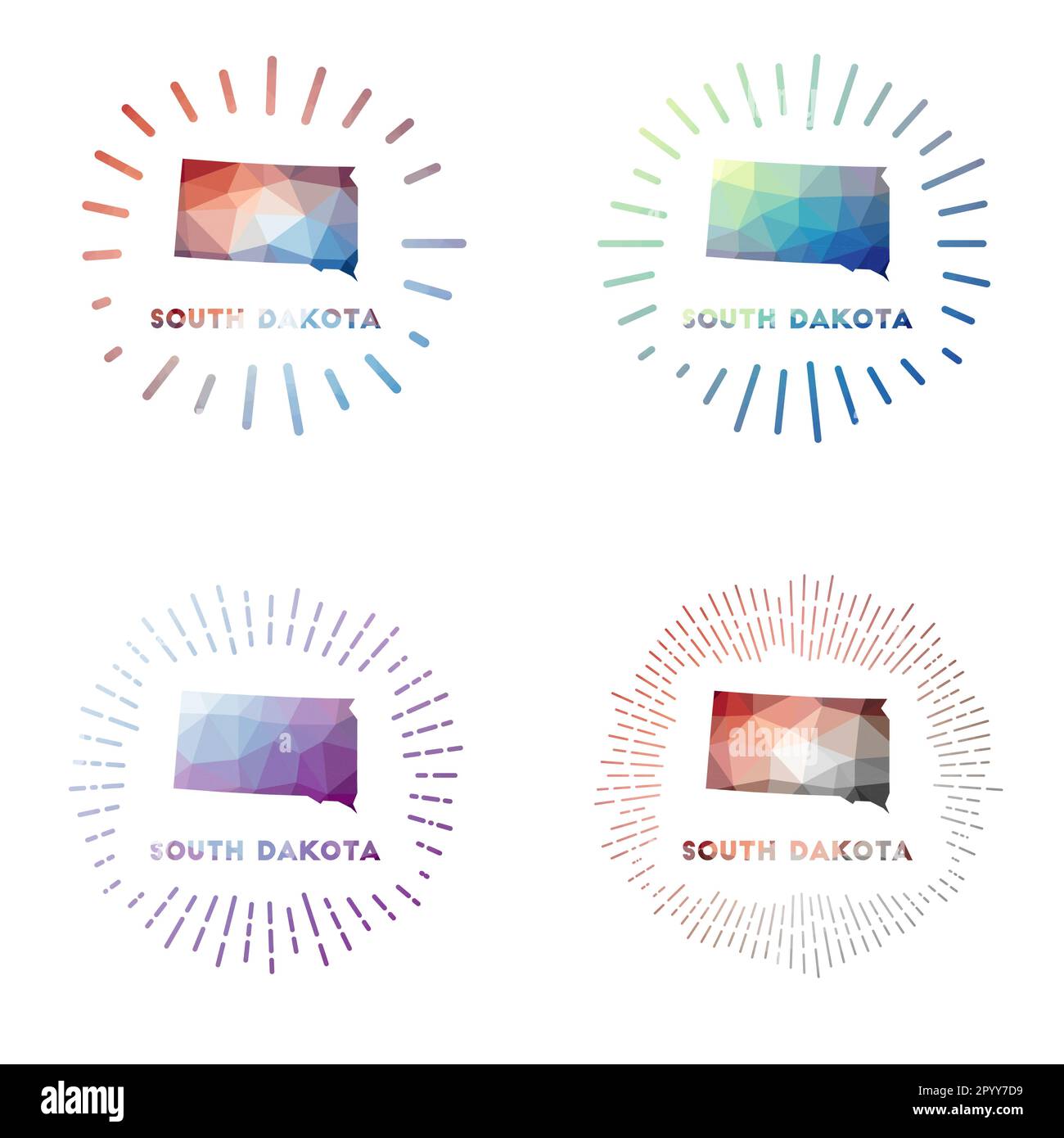 South Dakota low poly sunburst set. Logo of US state in geometric ...
