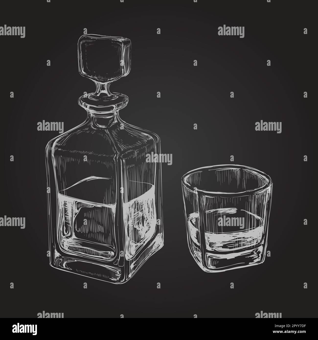 Sketch Whiskey Bottle and Glass. Hand Drawn Drink Vector Illustration ...