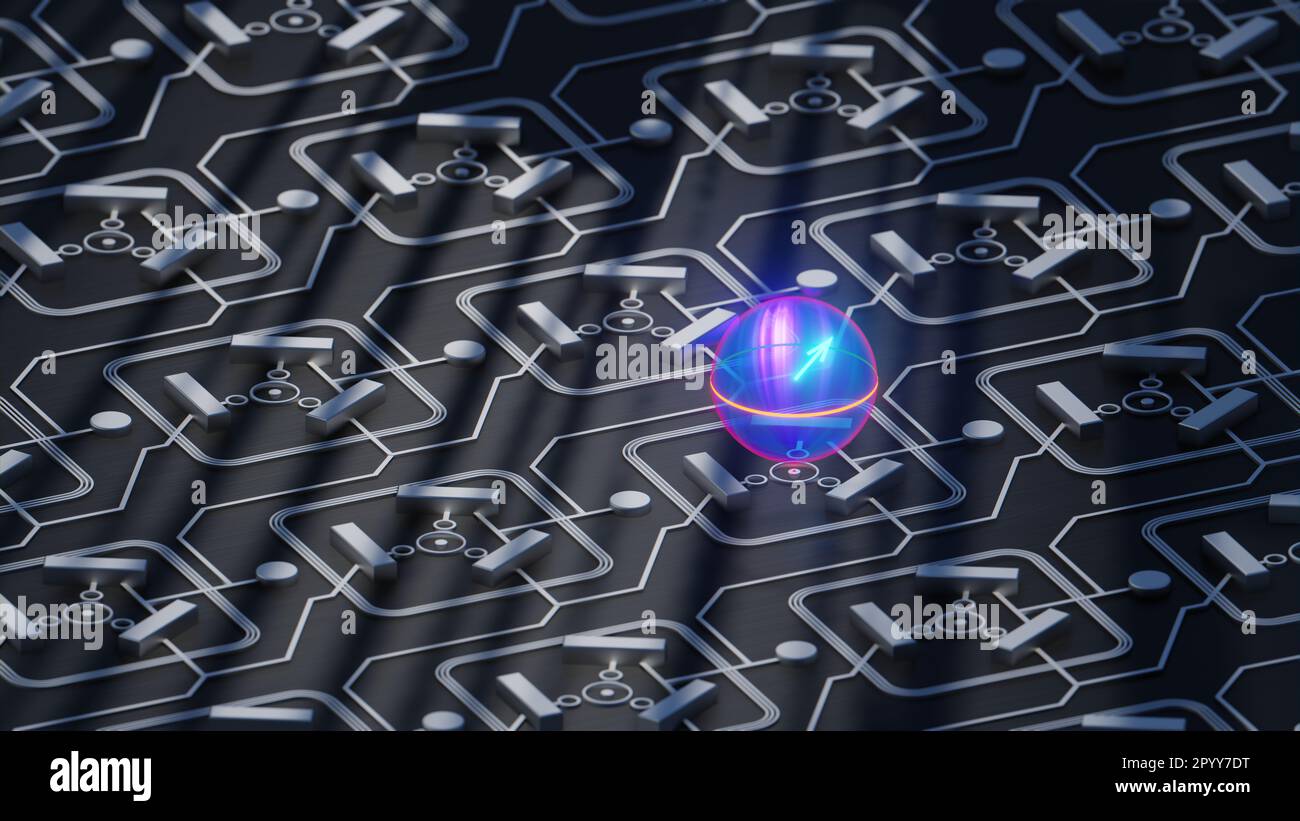 Quantum qubit in superposition on quantum computer circuit board, bloch ...